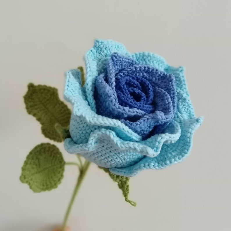 Crochet Blue Thailand Rose With Leaves Crochet Flower Knitting - Etsy