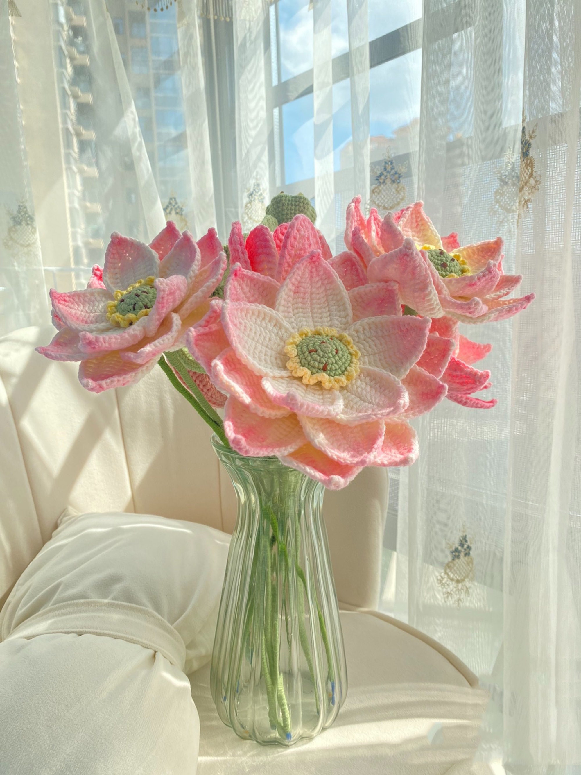 Finished Crochet Lotus Bouquet Lotusflower With Leaves Crochet Nelumbo SP Blossom Yarn Lotus Home Decor Ornament Gift for Mother Girlfriend Etsy