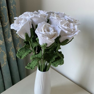 Crochet White Rose Crochet Flower Knitting White Rose With Leaves ...