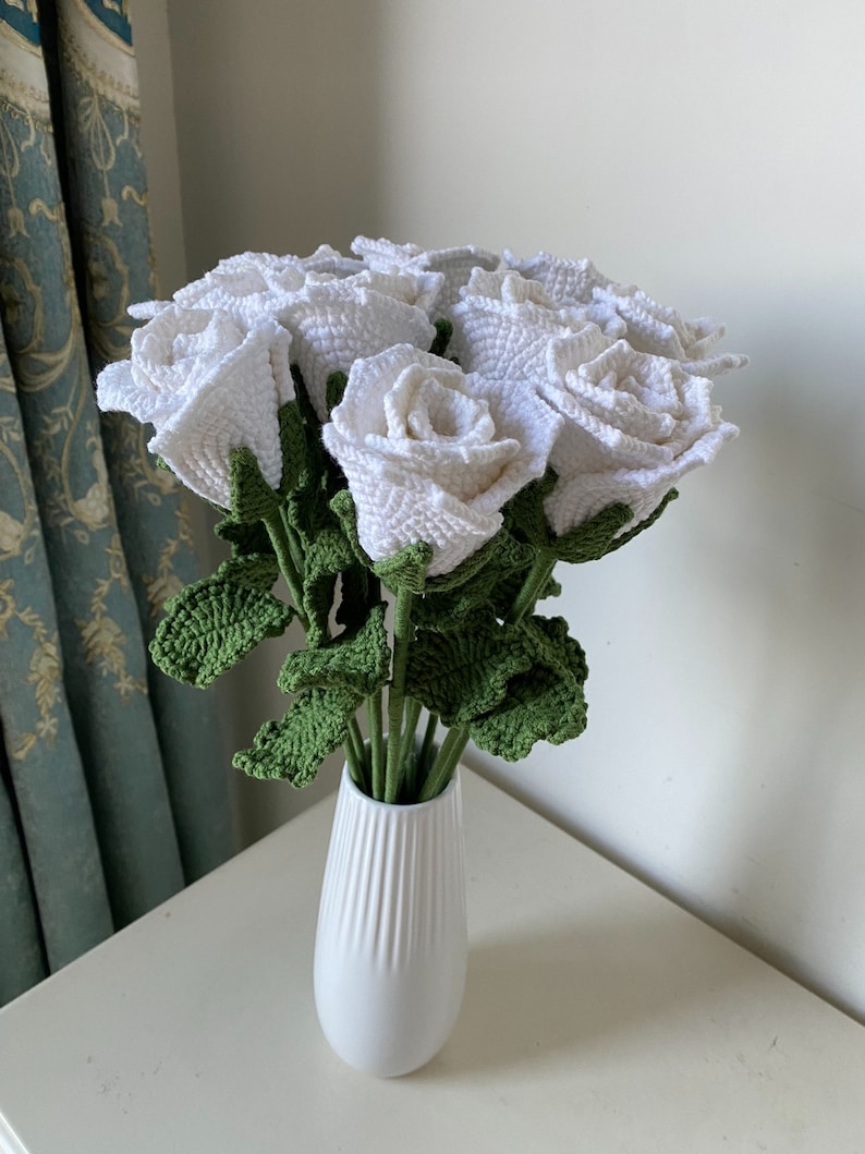 Crochet White Rose Crochet Flower Knitting White Rose With Leaves ...
