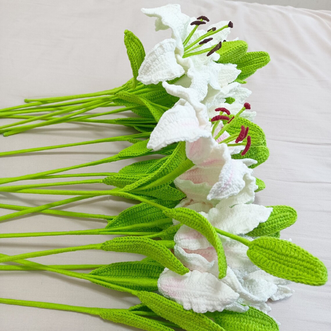 Finished Crochet White Lily Knitting Pink Lily With Leaves Crochet ...