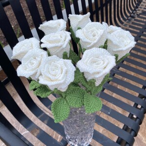 Crochet White Rose Crochet Flower Knitting White Rose With Leaves ...