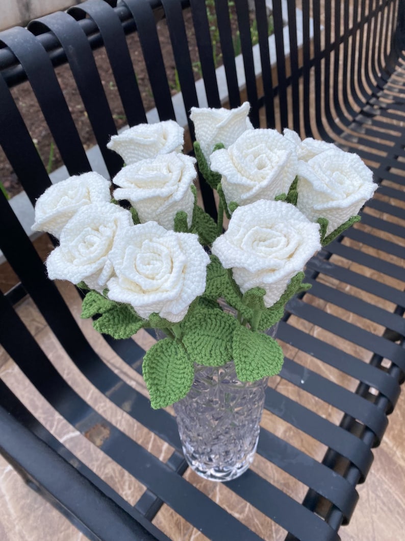 Crochet White Rose Crochet Flower Knitting White Rose With Leaves ...