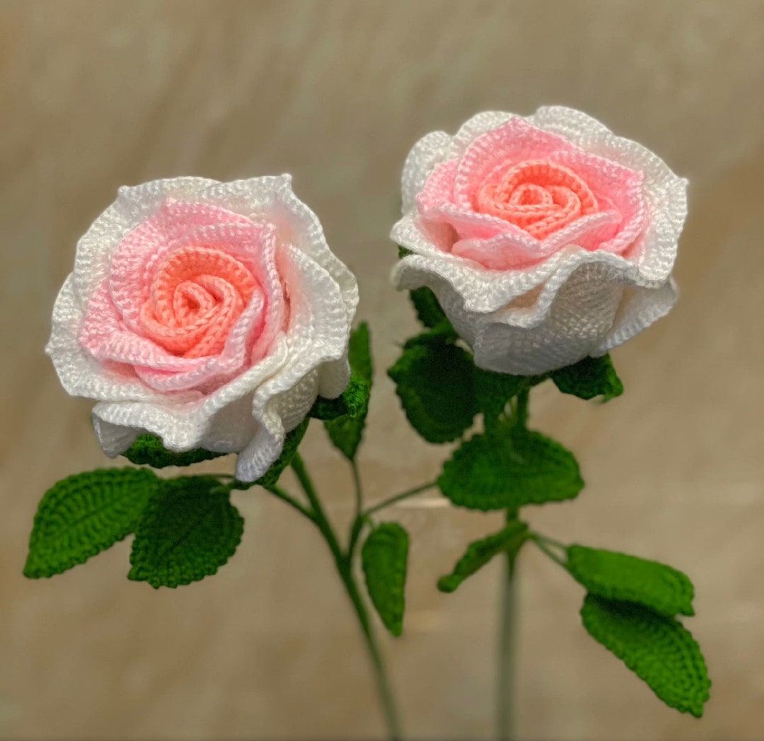 Crochet Gradient Pink Thailand Rose With Leaves Crochet Flower Knitting ...