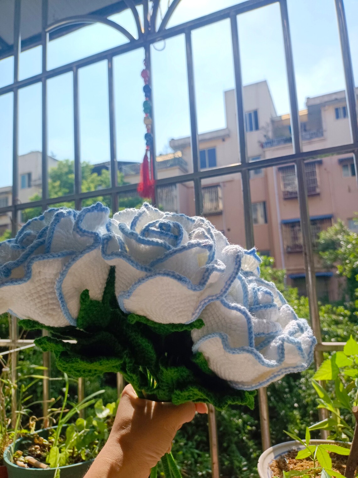 Crochet Rose With Blue Strip Crochet Flower Knitting Thailand - Etsy