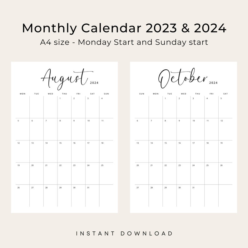 2023 2024 Calendar Printable 2023 2024 Monthly Planner Portrait A4 ...
