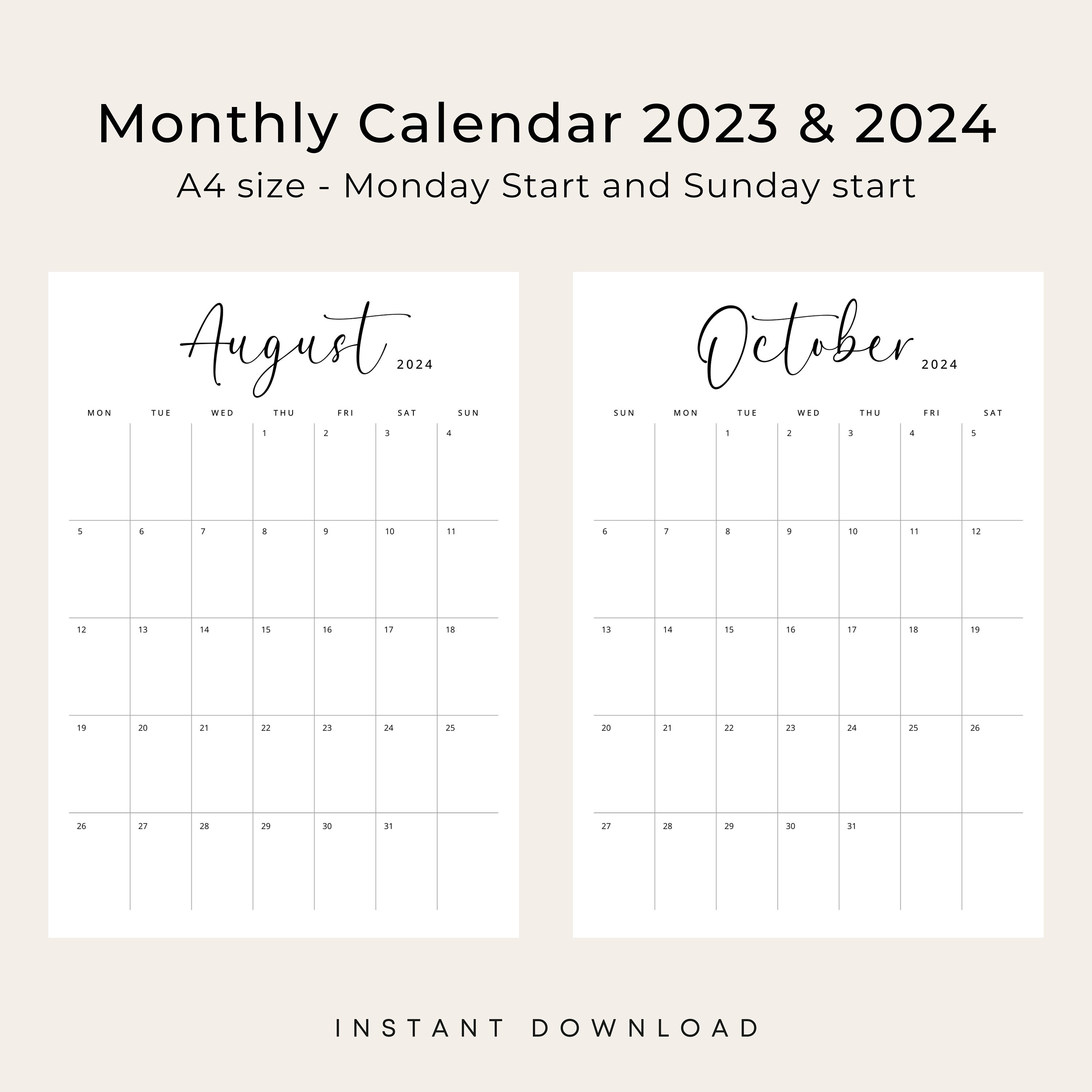 2023 2024 Calendar Printable 2023 2024 Monthly Planner Portrait A4 ...