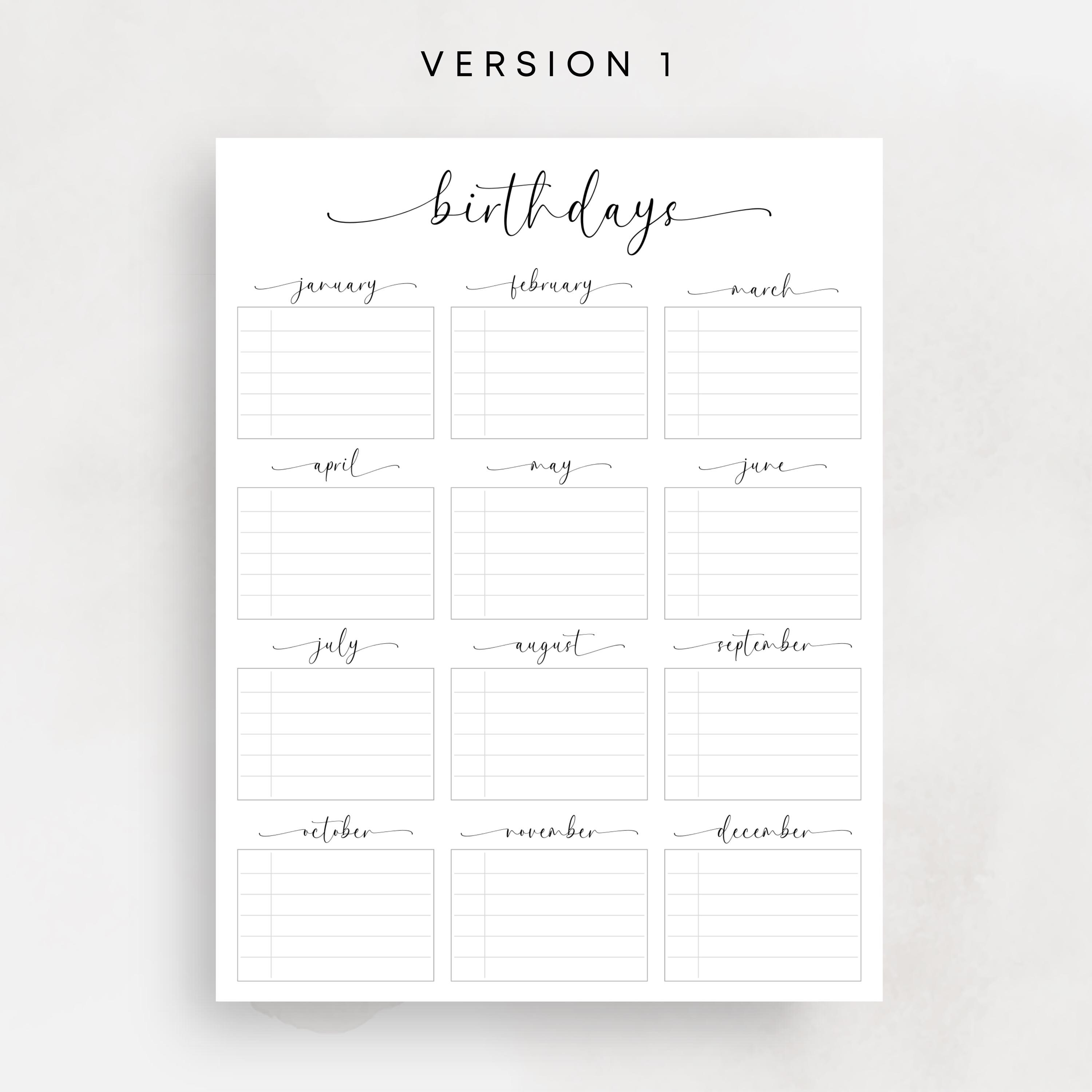 Printable Birthday Tracker PDF Birthday Calendar for Home Birthday ...