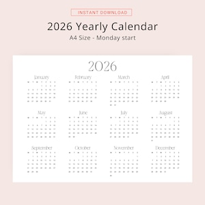 Yearly Calendar 2026 Wall Calendar Landscape PRINTABLE PDF 2026 Desk ...