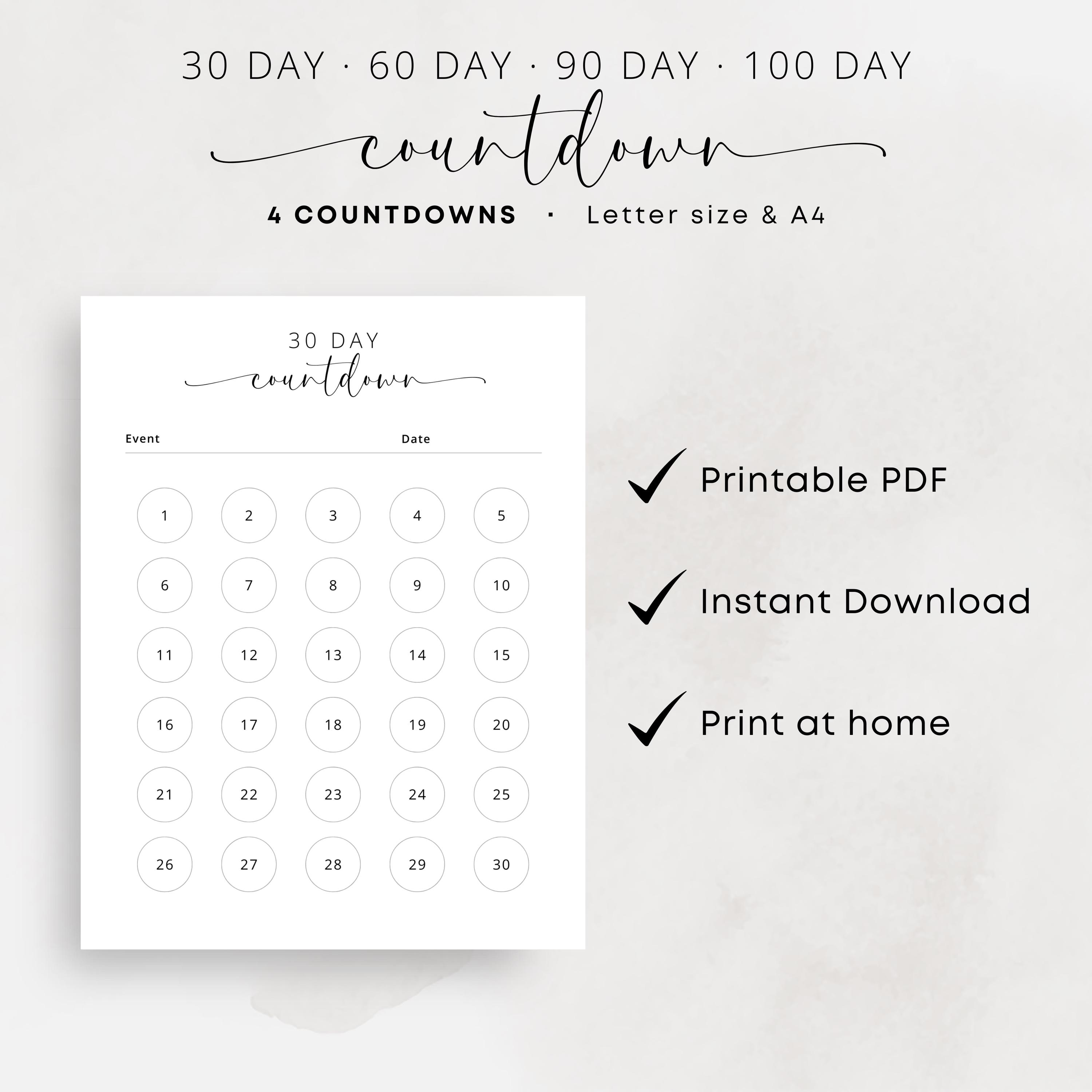 30, 60, 90, 100 Day Countdown Tracker Printable to Wedding Anniversary ...