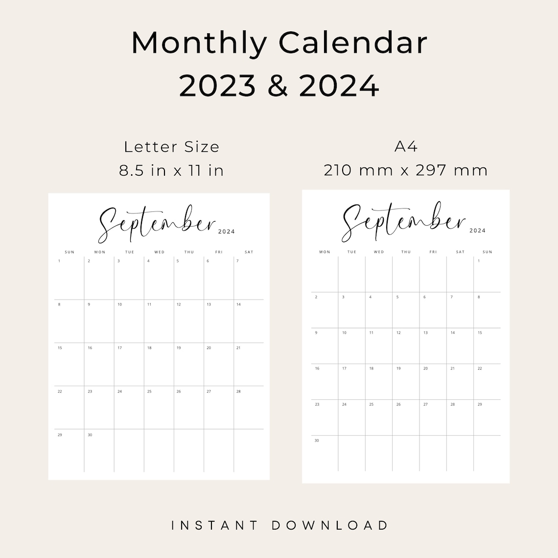 2023 2024 Calendar Printable 2023 2024 Monthly Planner Portrait A4 ...