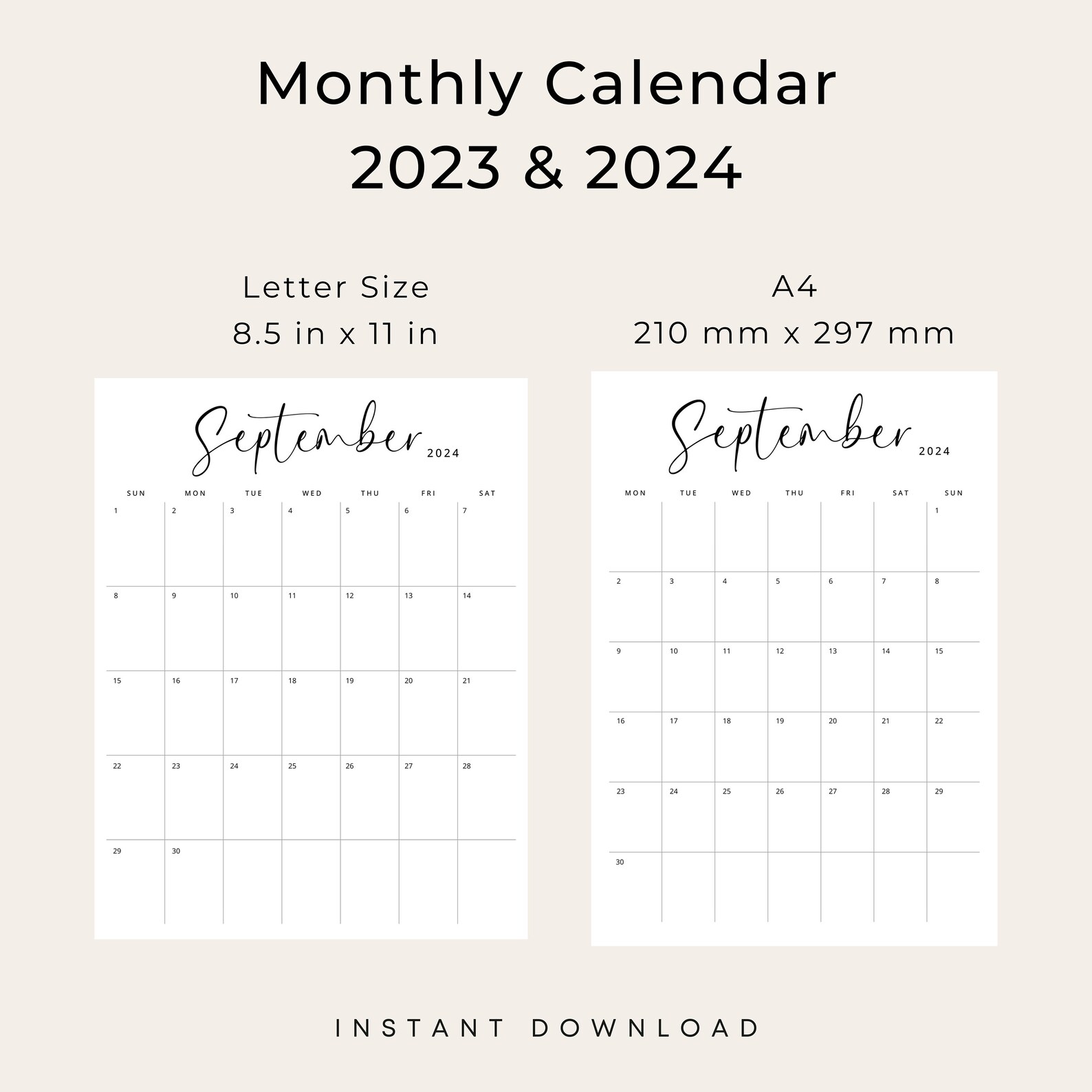 2023 2024 Calendar Printable 2023 2024 Monthly Planner Portrait A4 ...