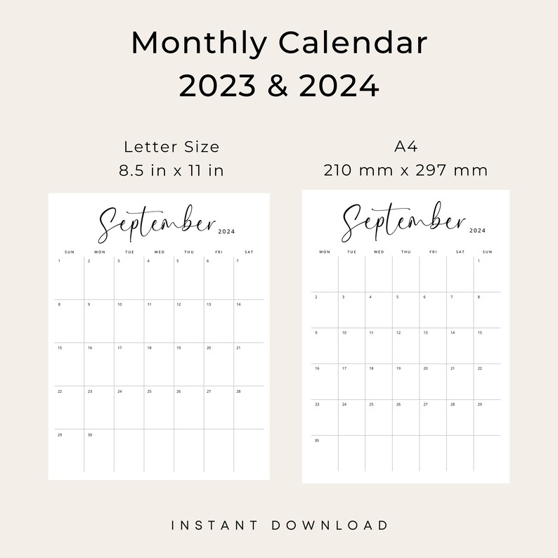 2023 2024 Calendar Printable 2023 2024 Monthly Planner Portrait A4 ...