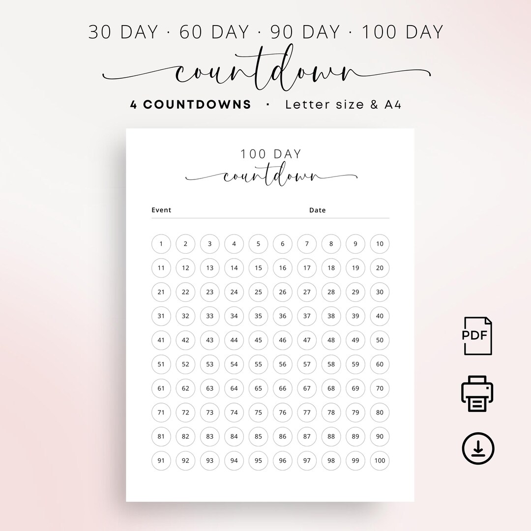 30, 60, 90, 100 Day Countdown Tracker Printable to Wedding Anniversary ...