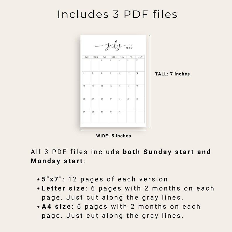 5x7 Inch 2025 Calendar Small Planner 2025 PRINTABLE Desk Calendar ...