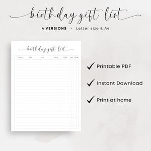 Birthday Gift List Printable Birthday Present List Birthday Reminder ...