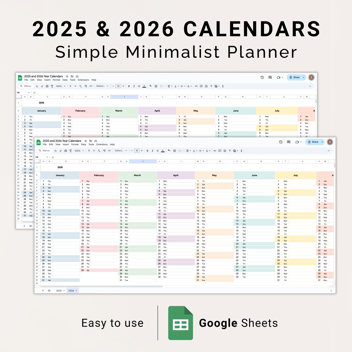 2025 2026 Year Calendar Google Sheets Template 2025 & 2026 Editable ...