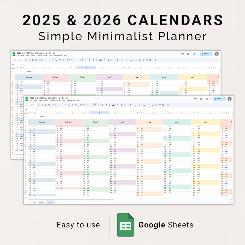2025 2026 Year Calendar Google Sheets Template 2025 & 2026 Editable ...