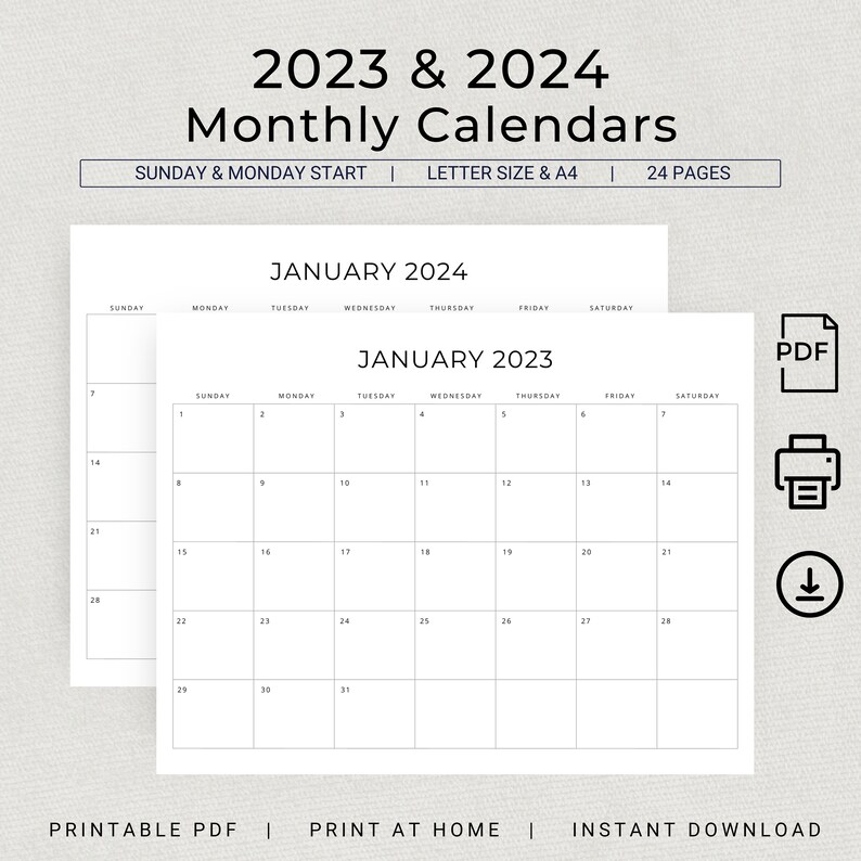 2023 & 2024 Calendar 2023 2024 Monthly Planner Landscape Printable ...