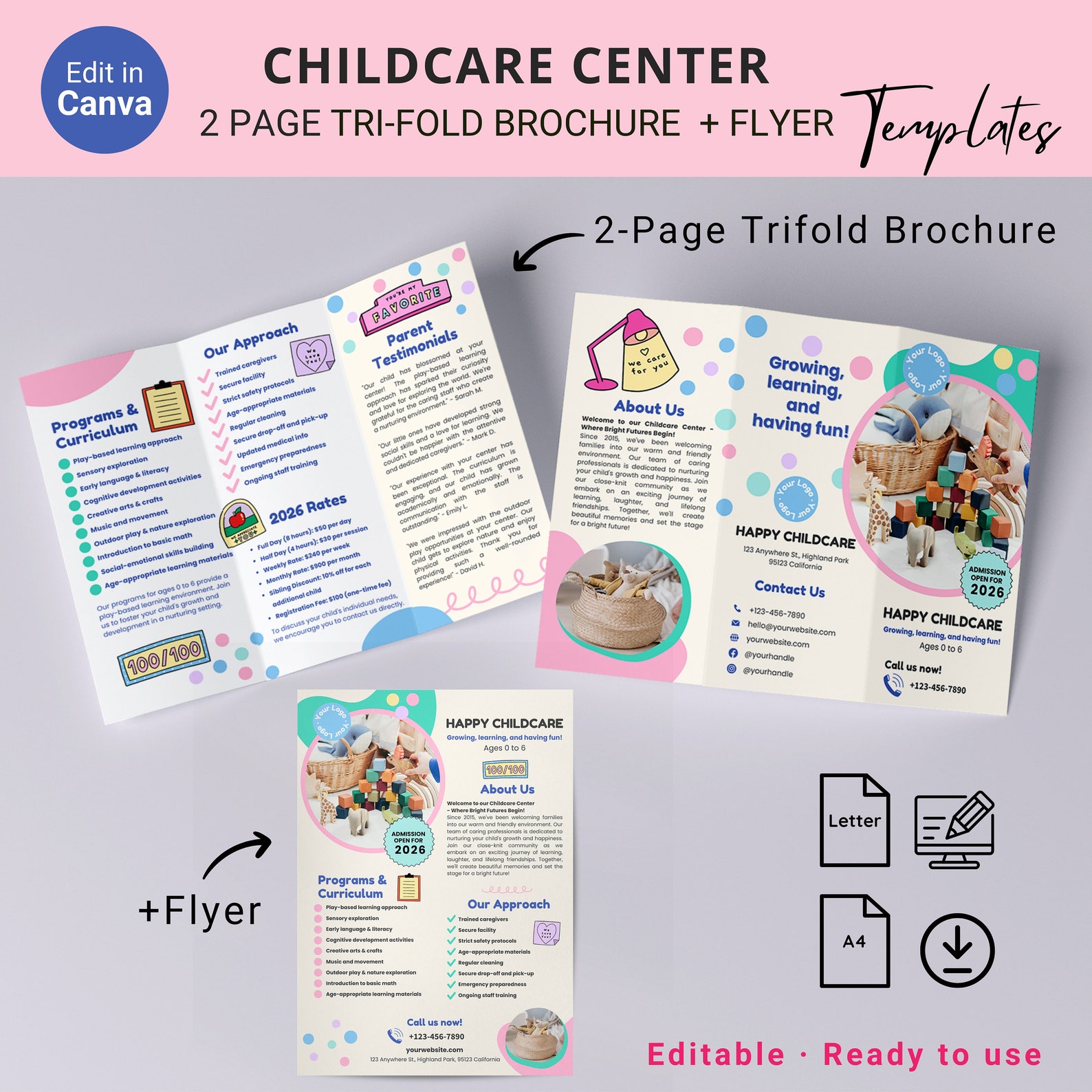 Matching Flyer & Trifold Brochure for Childcare Center EDITABLE ...