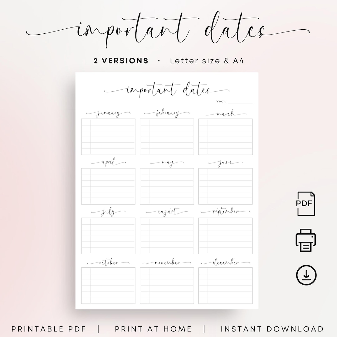 Important Dates Tracker Printable Special Dates Reminder Birthday ...