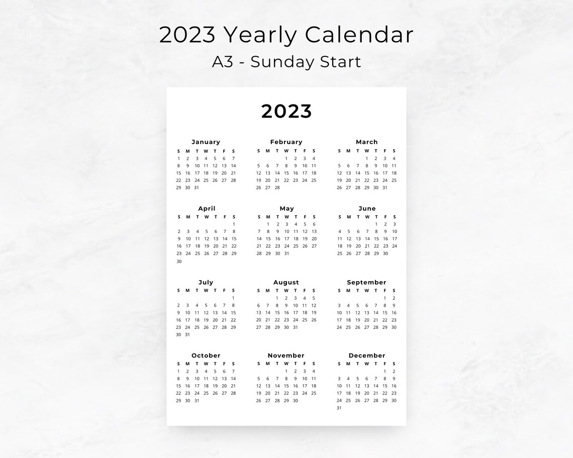 2023 Yearly A3 Wall Calendar Printable One Page 2023 Year at a Glance ...