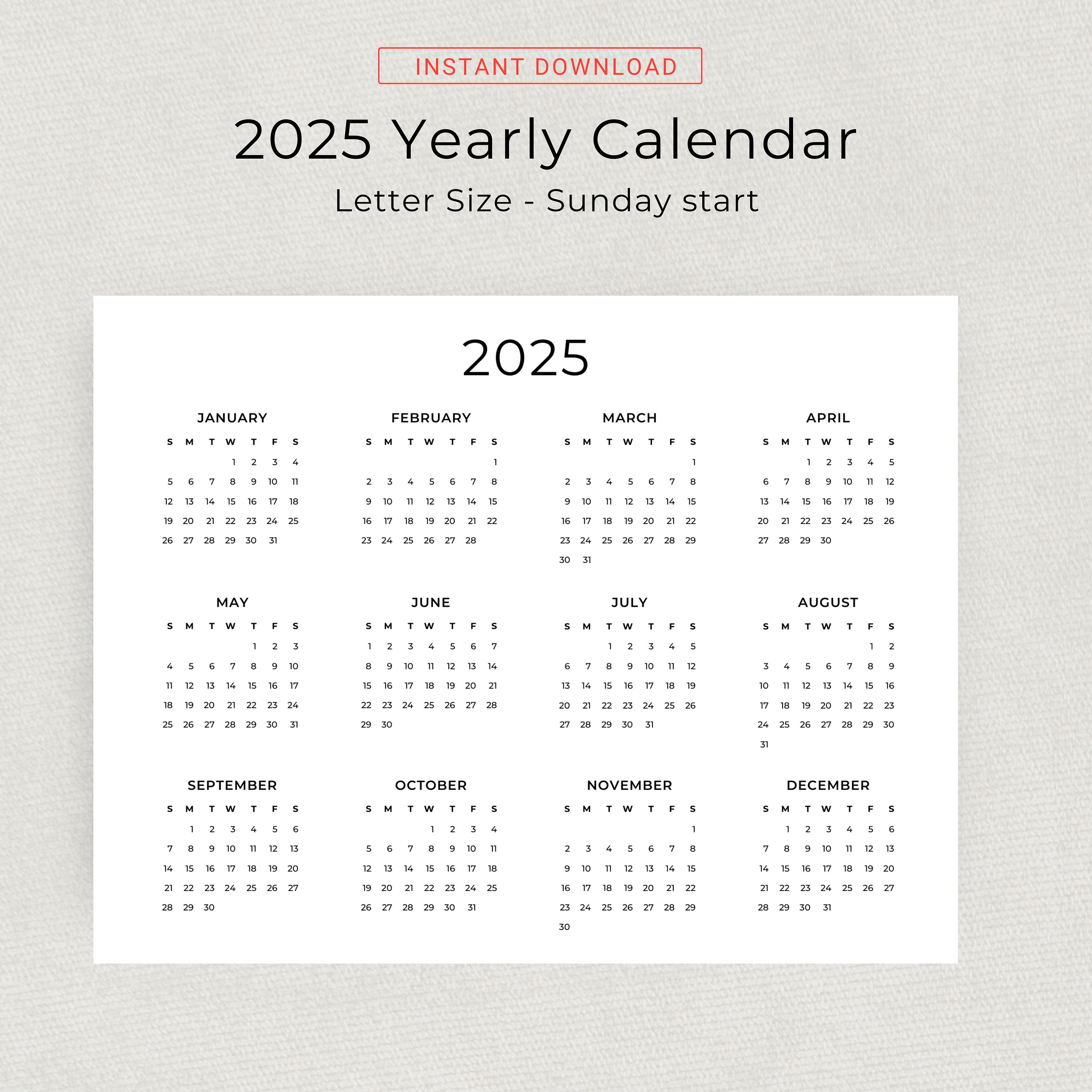 2025 Yearly Calendar 2025 Wall Calendar Printable Calendar Landscape ...
