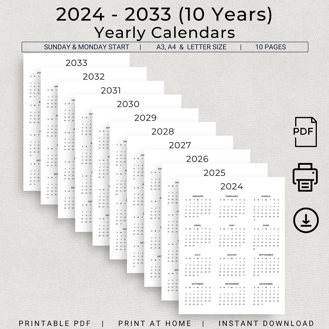 2024 to 2033 Calendar 2024-2033 Yearly Calendar Printable 10 Years Wall ...