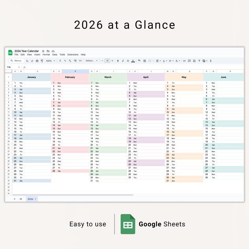2026 Calendar Google Sheets Template Editable Monthly Digital Planner Minimalist Yearly ...