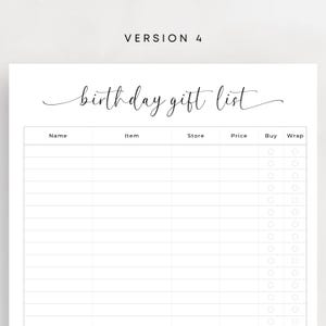 Birthday Gift List Printable Birthday Present List Birthday Reminder ...