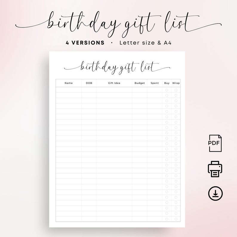 Birthday Gift List Printable Birthday Present List Birthday Reminder ...