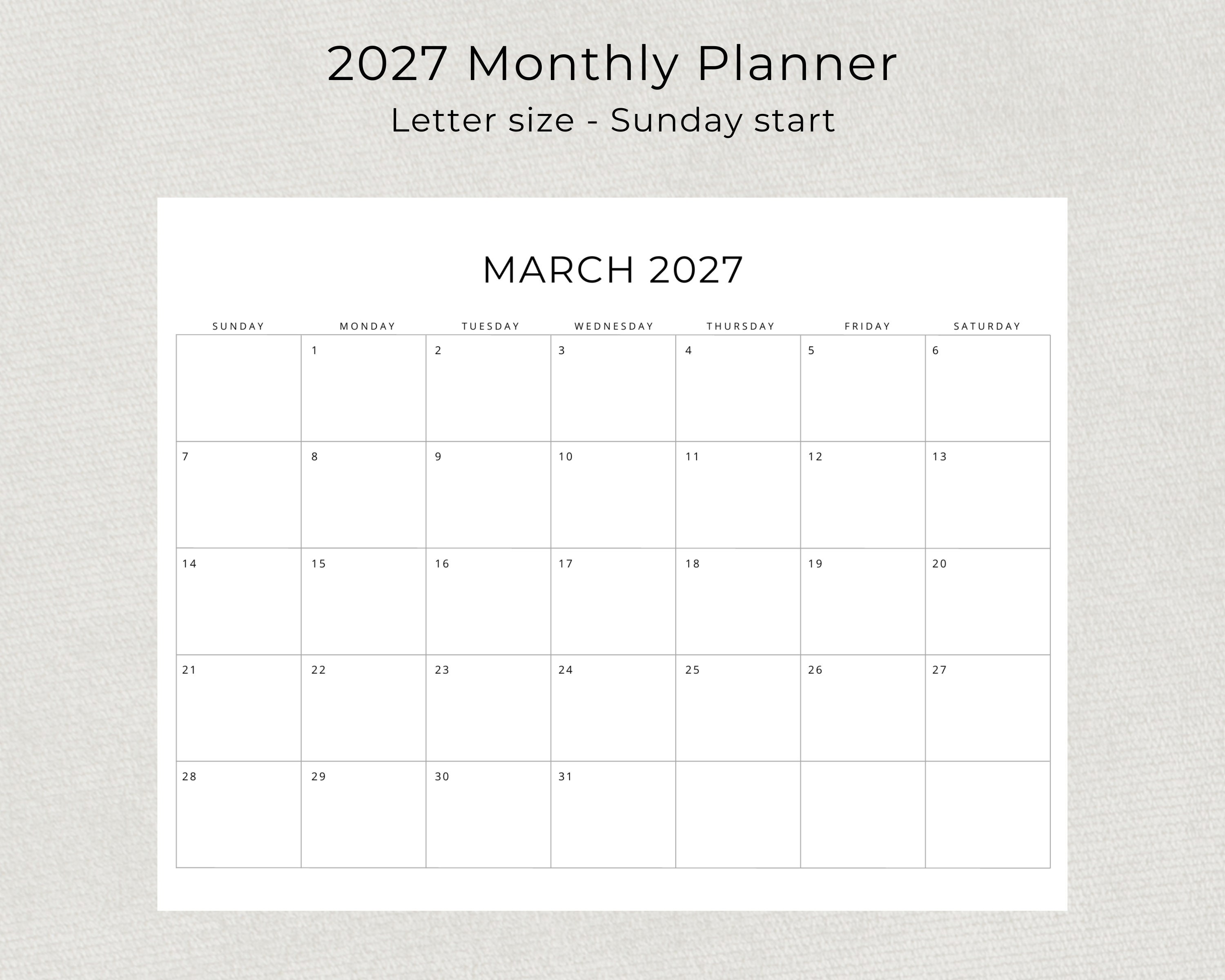 2027 Monthly Calendar 2027 Minimal Monthly Planner Landscape Sunday ...