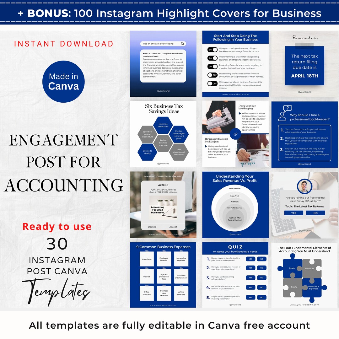 30 Engagement Post for Accounting Instagram Canva Template Bookkeeping ...