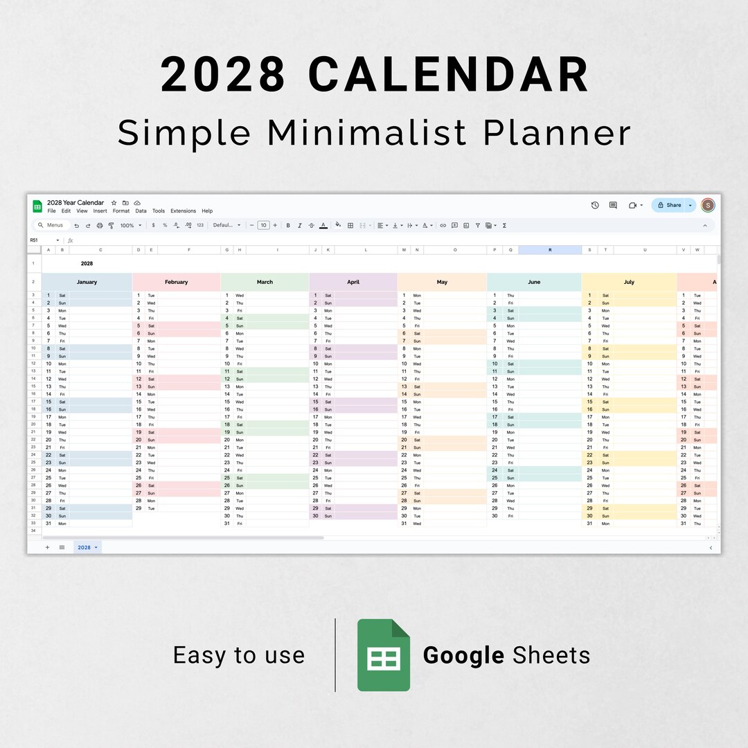 2028 Calendar Google Sheets Template 2028 Digital Planner Simple ...