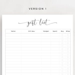 Gift List Printable Gift Ideas Gift Shopping List Present List Birthday ...