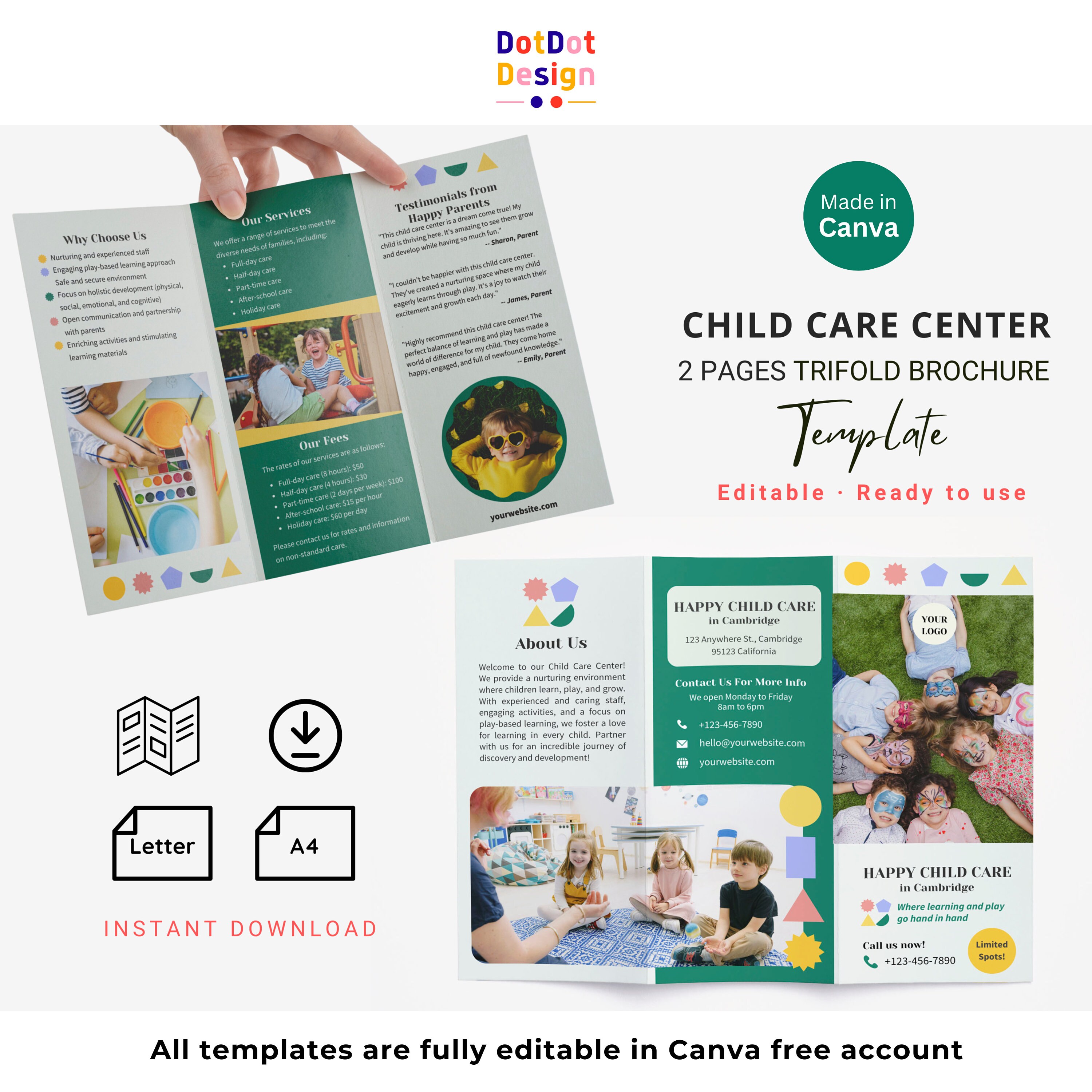 Editable Child Care Center Trifold Brochure Preschool Education Canva ...