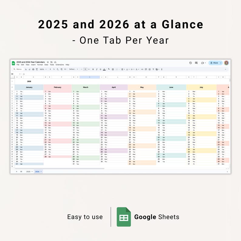 2025 2026 Year Calendar Google Sheets Template 2025 & 2026 Editable ...