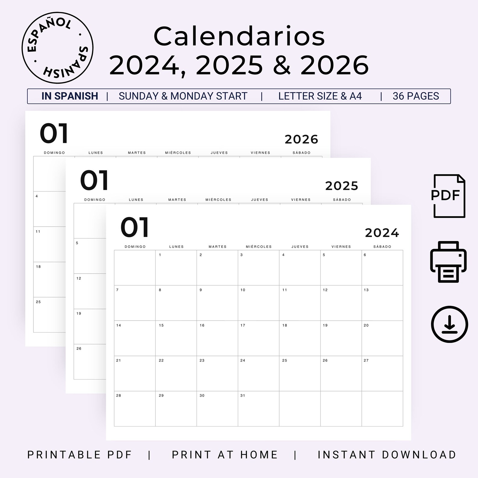 Calendario 2024 2025 2026 Spanish Calendar Printable 3 Years Planners ...
