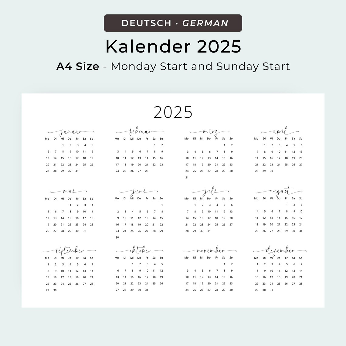 Kalender Deutsch 2025 Kalender 2025 Yearly Calendar in German 2025 ...