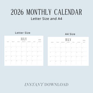 2026 Calendar 2026 Printable Monthly Calendar PDF Planner Landscape ...