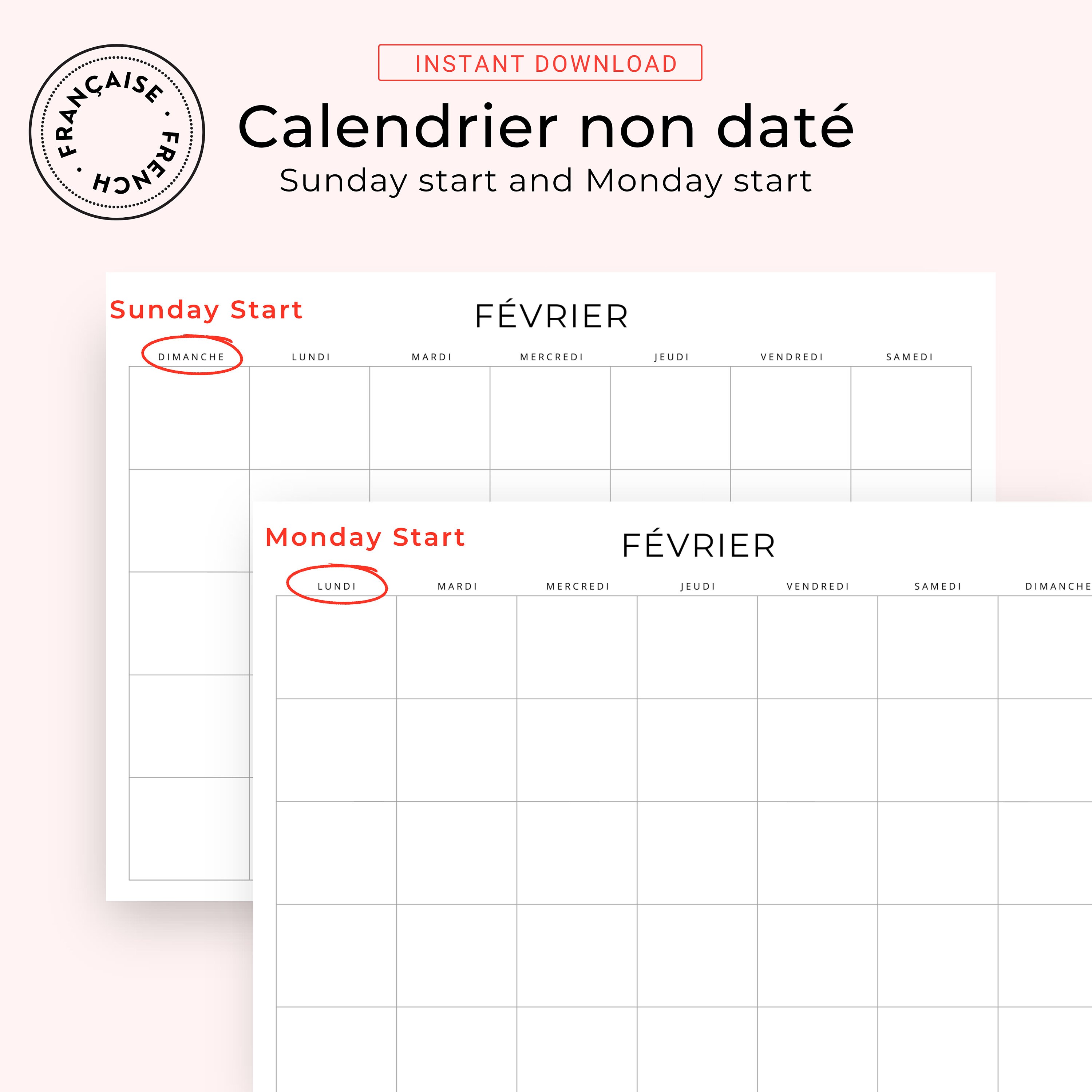 Calendrier Non Daté Calendrier Mensuel Calendrier Français Undated ...