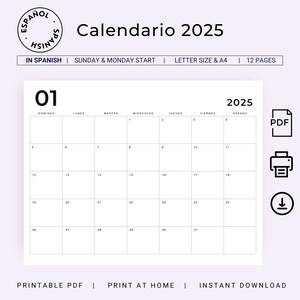 Calendario Español 2025 Calendario Mensual 2025 PRINTABLE Spanish ...