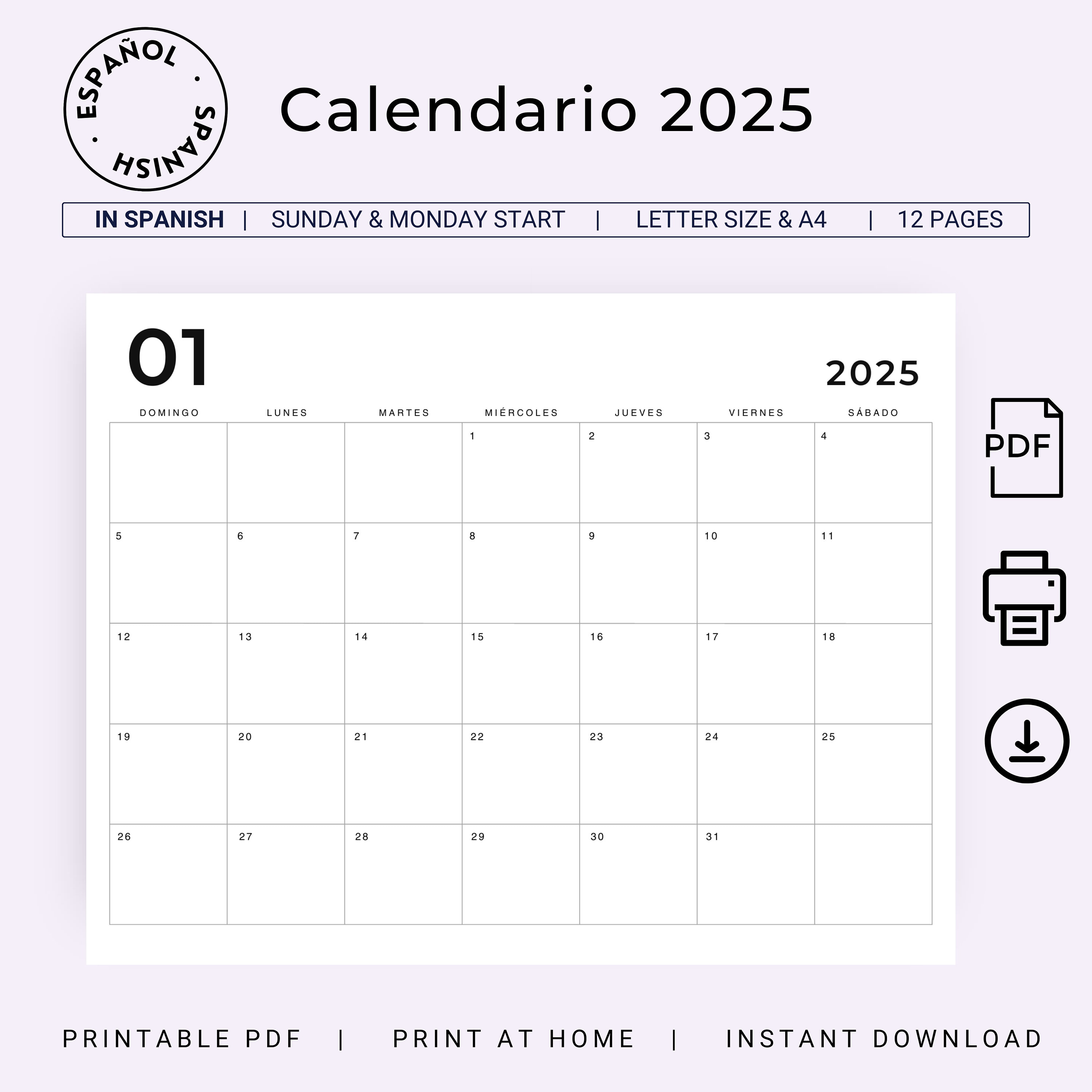 Calendario Español 2025 Calendario Mensual 2025 PRINTABLE Spanish ...