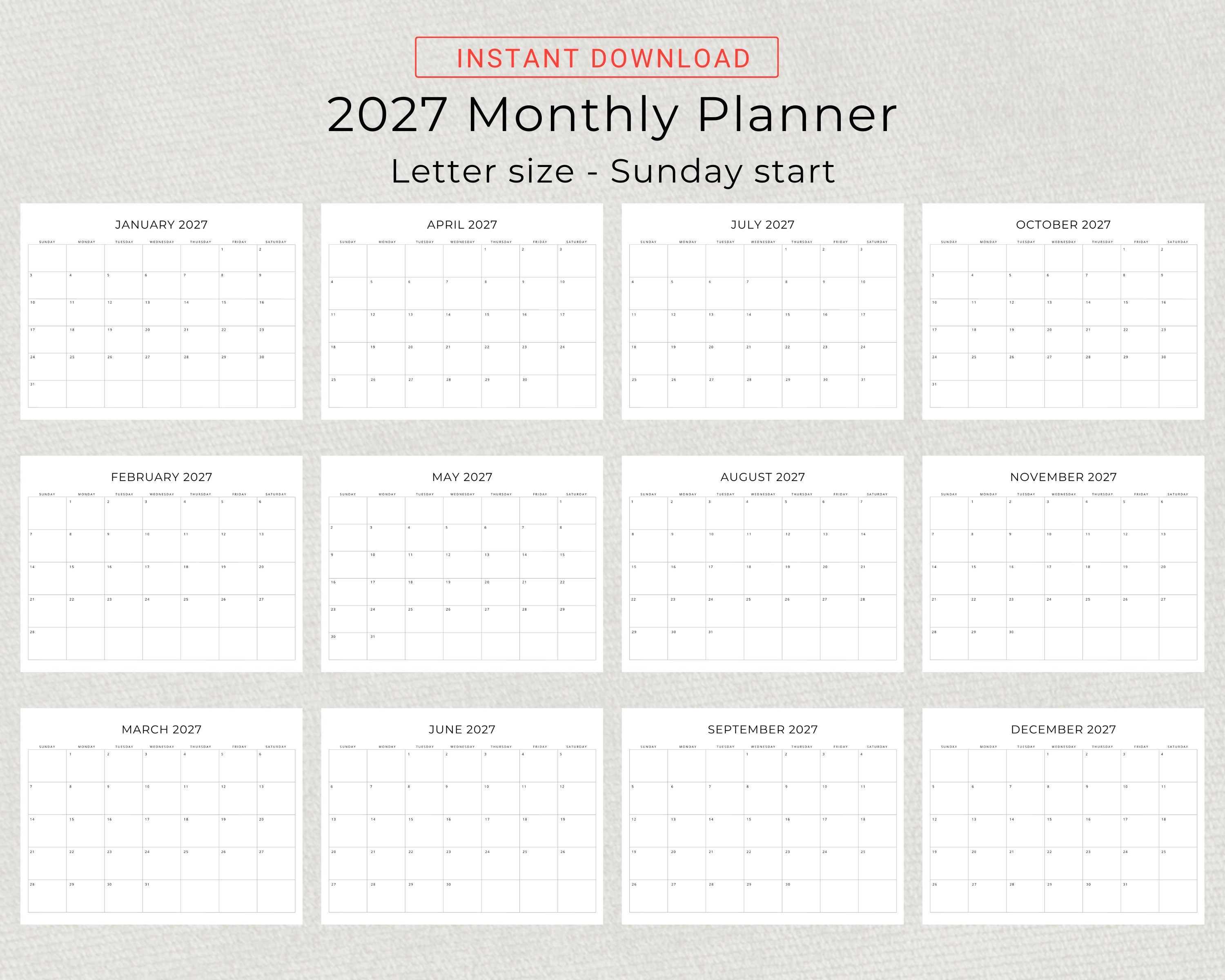 2027 Monthly Calendar 2027 Minimal Monthly Planner Landscape Sunday ...