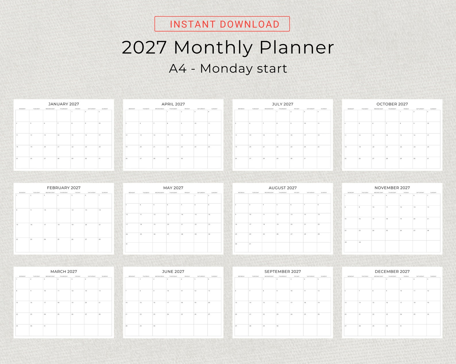 2027 Monthly Calendar 2027 Minimalist Monthly Planner Landscape Sunday ...