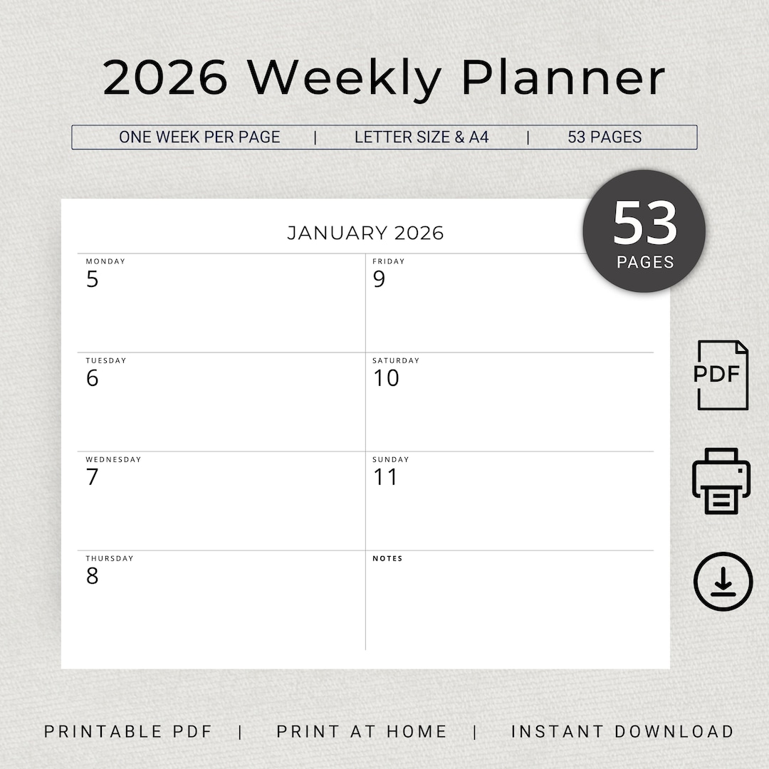 Printable 2026 Weekly Planner Minimalist Dated Planner Clean Simple ...