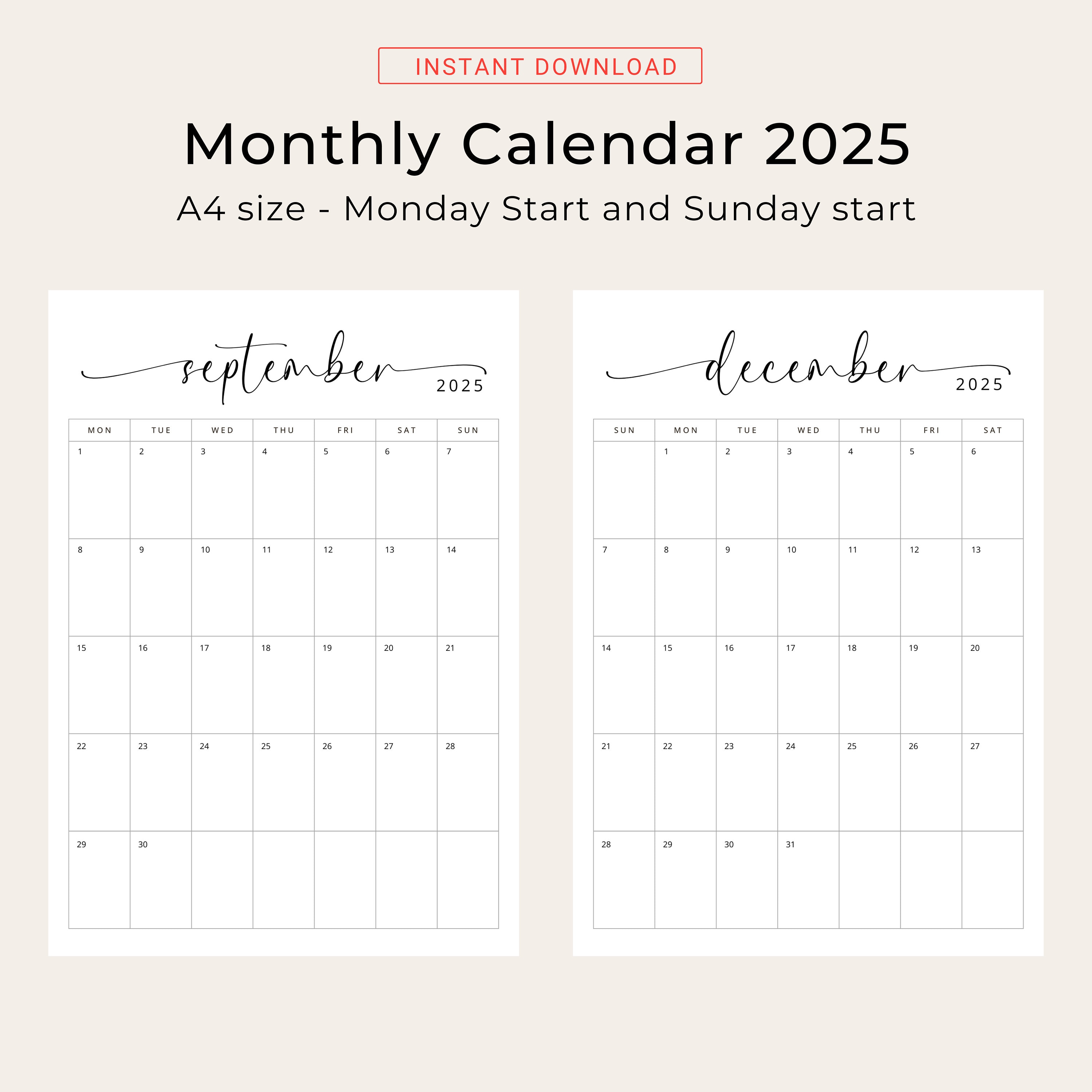 2025 Calendar 2025 Monthly Planner Vertical Sunday & Monday Start 2025 ...