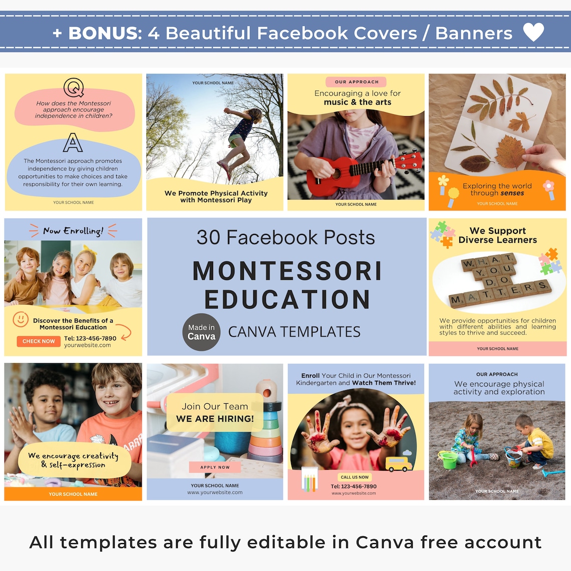 30 Montessori Kindergarten Facebook Canva Template Montessori Early ...