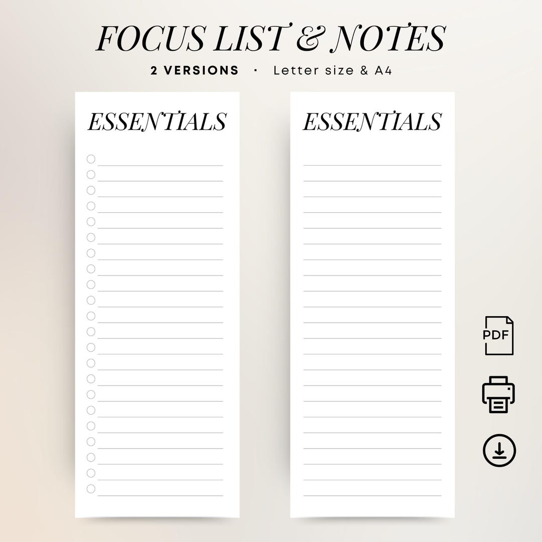 Focus List Printable Slim Notepad Desk Pad Productivity List Planner ...