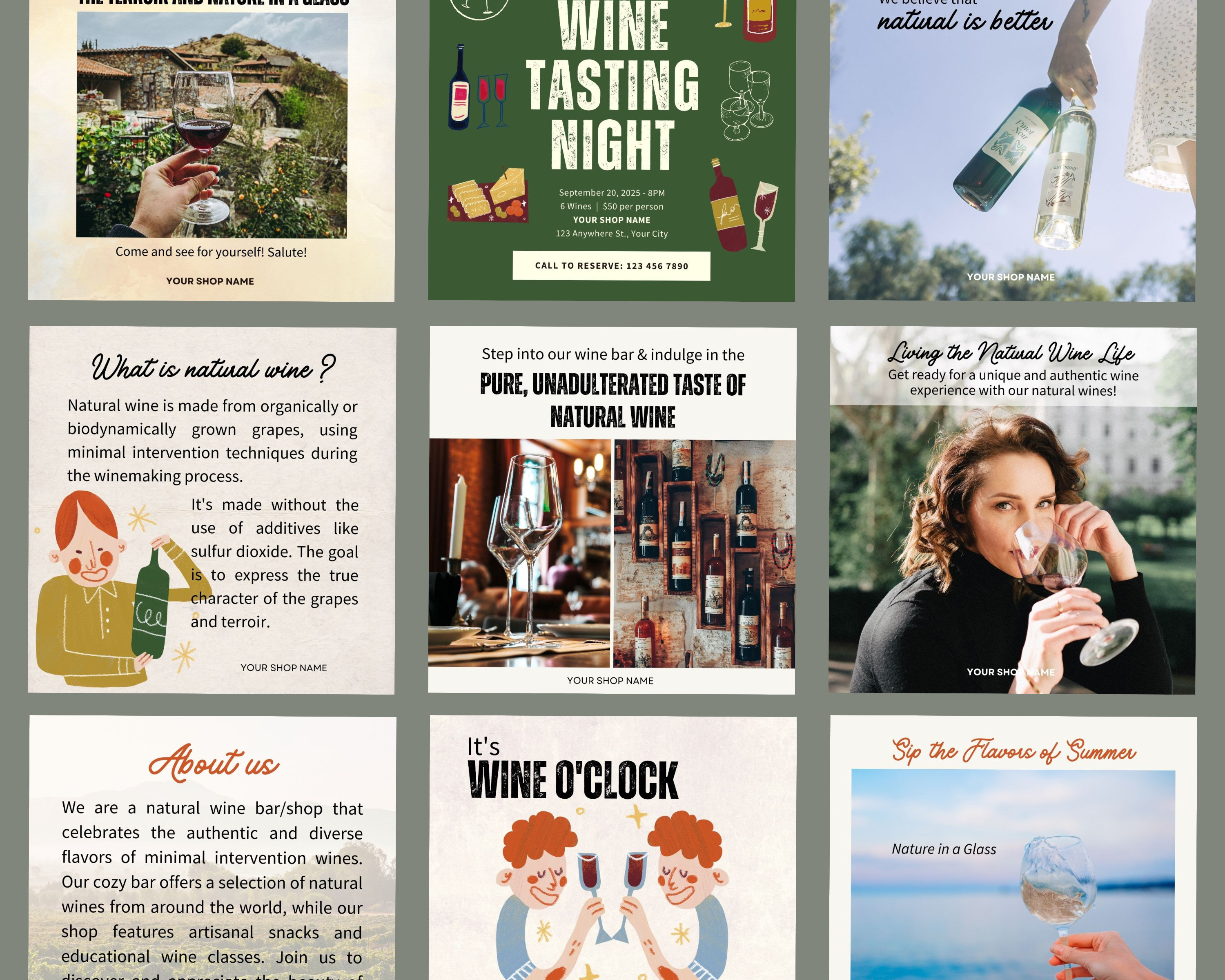30 Natural Wine Instagram Post Canva Template Wine Bar Wine Shop Social ...